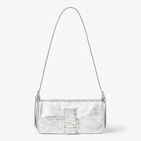 Fendi Baguette® 26424 Crackled Silver Leather Bag